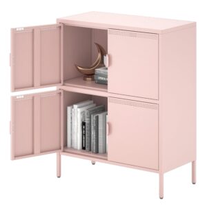 ustamio 4 doors metal office storage cabinet, freestanding 2 tier steel locker cabinet for home, office, school and classroom, multipurpose metal storage rack with doors, pink