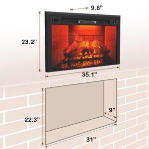 35 Inches Electric Fireplace Insert Recessed Electric Fireplace Heater with Touch Screen & Remote Control LED 1500W Adjustable 7 Flame, 8h Timer, Low Noise, Black