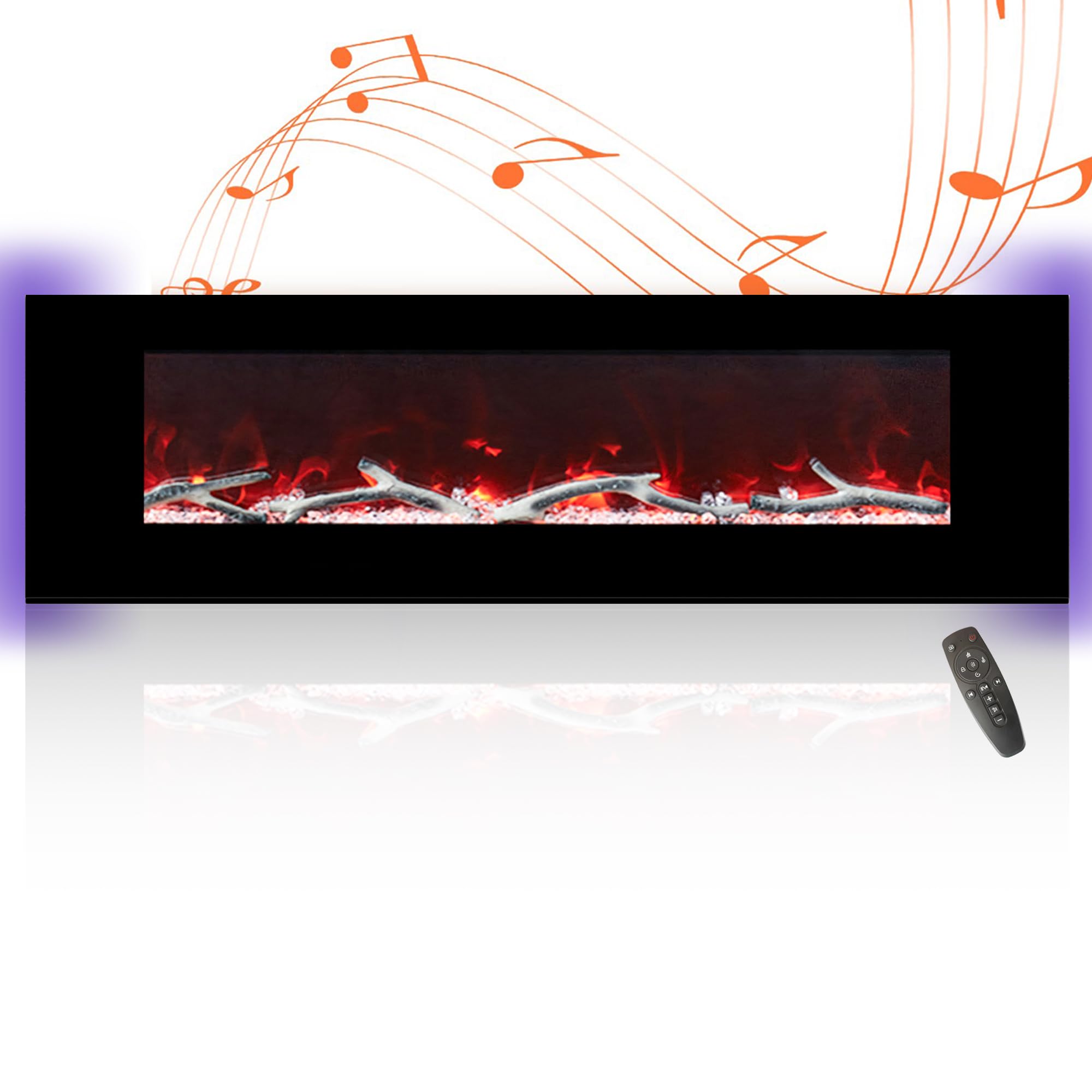 60 Inch Electric Fireplace with Bluetooth Speakers Wall Mounted Low Noise Ultra-Thin Linear Fireplace Adjustable 8 Flame Colors, Control by Button and Remote, 8h Timer (No-Recessed)