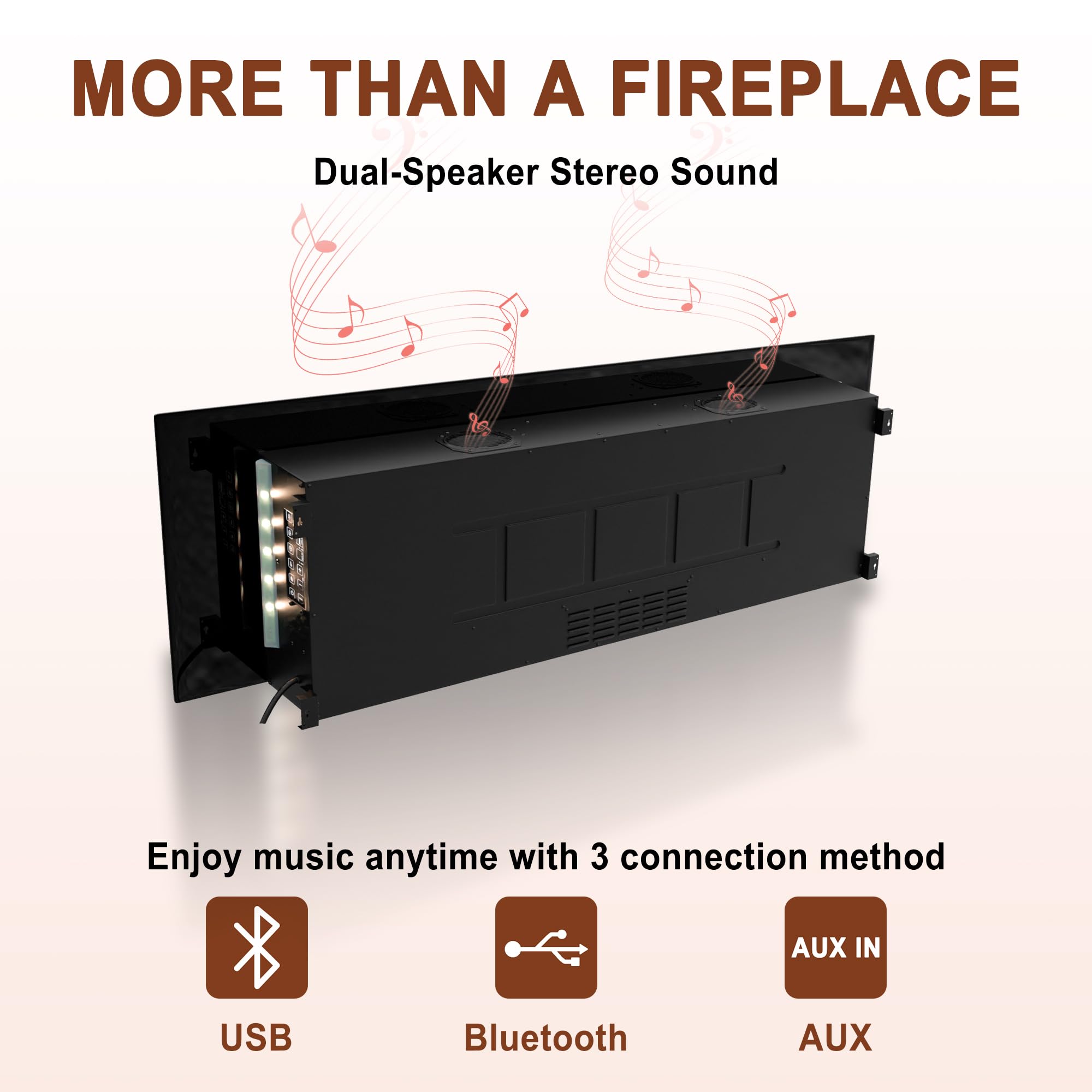 60 Inch Electric Fireplace with Bluetooth Speakers Wall Mounted Low Noise Ultra-Thin Linear Fireplace Adjustable 8 Flame Colors, Control by Button and Remote, 8h Timer (No-Recessed)