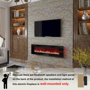 60 Inch Electric Fireplace with Bluetooth Speakers Wall Mounted Low Noise Ultra-Thin Linear Fireplace Adjustable 8 Flame Colors, Control by Button and Remote, 8h Timer (No-Recessed)