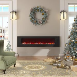 60 Inch Electric Fireplace with Bluetooth Speakers Wall Mounted Low Noise Ultra-Thin Linear Fireplace Adjustable 8 Flame Colors, Control by Button and Remote, 8h Timer (No-Recessed)