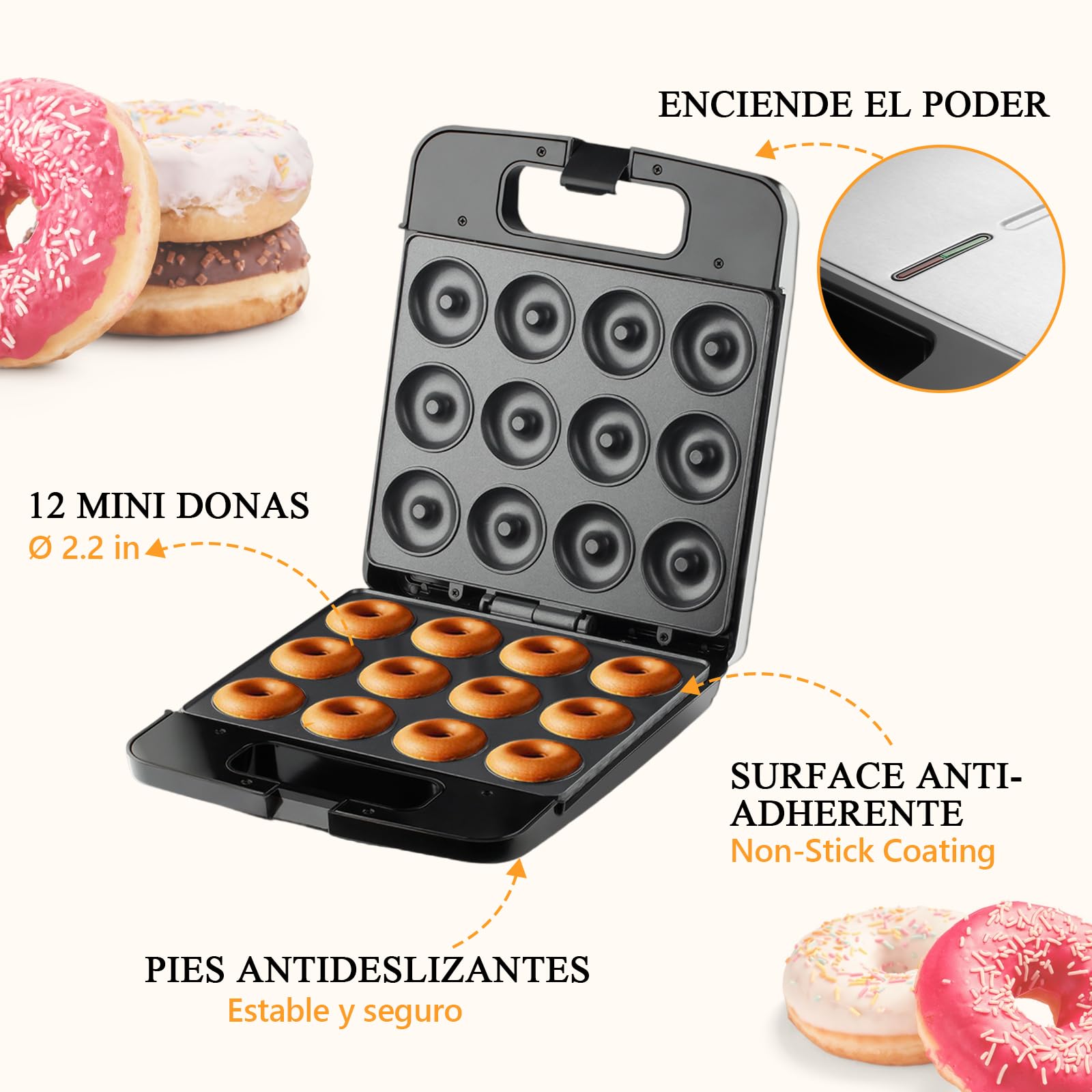 Mini Donut Maker Machine for Home, 1400W Double-Sided Heating Makes 16 Doughnuts with Non-Stick Surface for Kid Breakfast, Snacks, Desserts