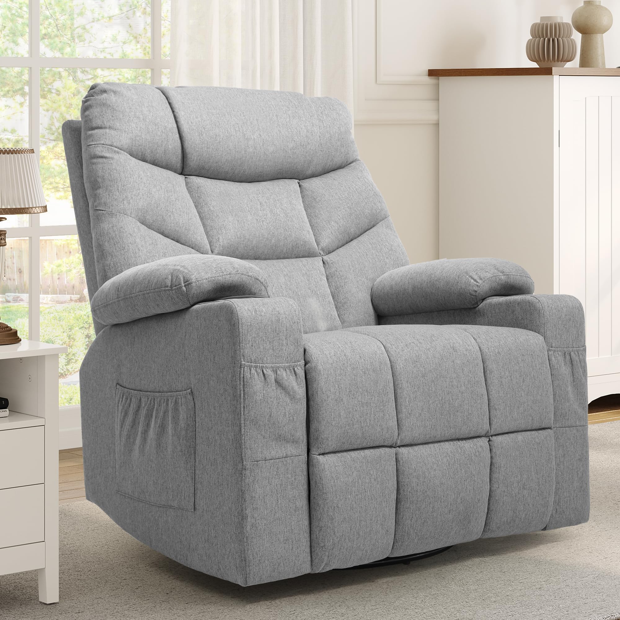 YITAHOME Oversized Recliner for Big and Tall Seniors, 270° Swivel Glider Rocker Recliner with Heat and Massage for Living Room, Theater Seating Single Sofa, 2 Cup Holders, Remote Control, Gray