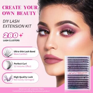 DIY Lash Extension Kit,280 Pcs Lash Clusters with Bond and Seal Cluster Lashes,Eyelash Glue and Lash Tweezers Applicator Tool, 9-16mm D-Mix Curl DIY at Home