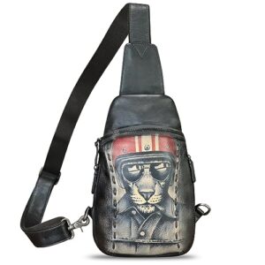 Genuine Leather Sling Bag Hand Painted Crossbody Backpack Retro Handmade Chest Shoulder Daypack Fanny Pack Purse (Pattern3)