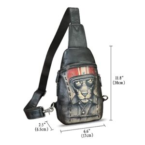 Genuine Leather Sling Bag Hand Painted Crossbody Backpack Retro Handmade Chest Shoulder Daypack Fanny Pack Purse (Pattern3)