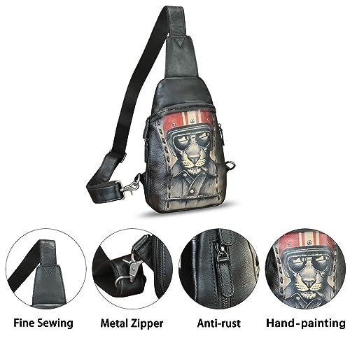 Genuine Leather Sling Bag Hand Painted Crossbody Backpack Retro Handmade Chest Shoulder Daypack Fanny Pack Purse (Pattern3)