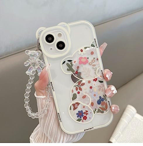 CHEAP SUNDAY for iPhone 13 Floral Bear Clearcase with Flower Design Aesthetic Phone Case for iPhone 13 Womens Girly Glitter Cute Shockproof Protective Cover with Phone Holder (Bear Design)