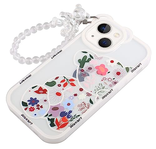 CHEAP SUNDAY for iPhone 13 Floral Bear Clearcase with Flower Design Aesthetic Phone Case for iPhone 13 Womens Girly Glitter Cute Shockproof Protective Cover with Phone Holder (Bear Design)