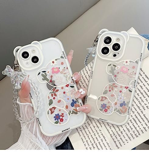 CHEAP SUNDAY for iPhone 13 Floral Bear Clearcase with Flower Design Aesthetic Phone Case for iPhone 13 Womens Girly Glitter Cute Shockproof Protective Cover with Phone Holder (Bear Design)