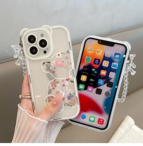 CHEAP SUNDAY for iPhone 13 Floral Bear Clearcase with Flower Design Aesthetic Phone Case for iPhone 13 Womens Girly Glitter Cute Shockproof Protective Cover with Phone Holder (Bear Design)