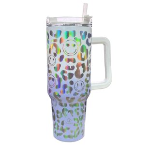 swig sip 40oz leopard tumbler - double wall stainless steel dishwasher safe vacuum insulated travel tumblers with handle & straw (white purple)