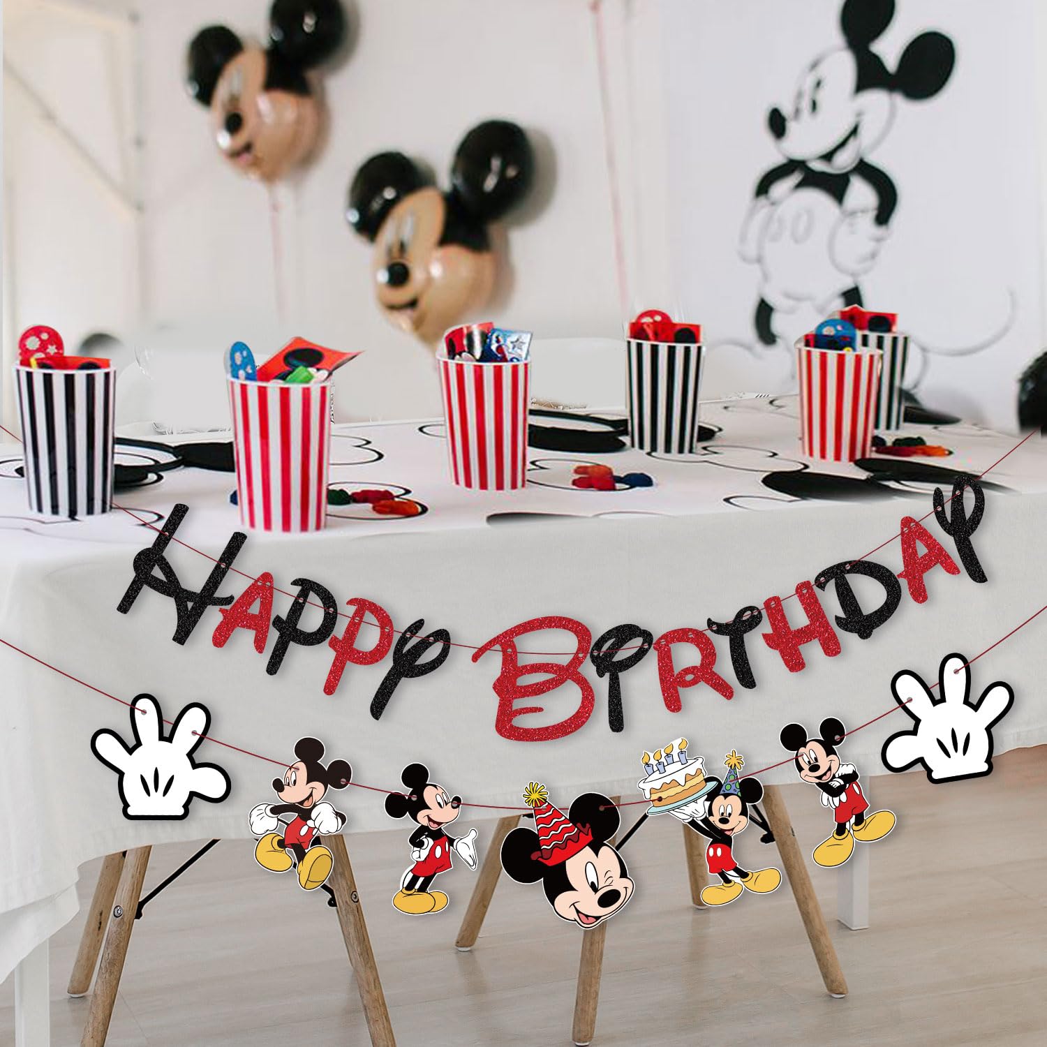 Black and Red Happy Birthday Banner, Mouse Birthday Party Decorations Mouse and Friends Birthday Decorations for Boys 1st 2nd 3rd Birthday Party Baby Shower Decorations