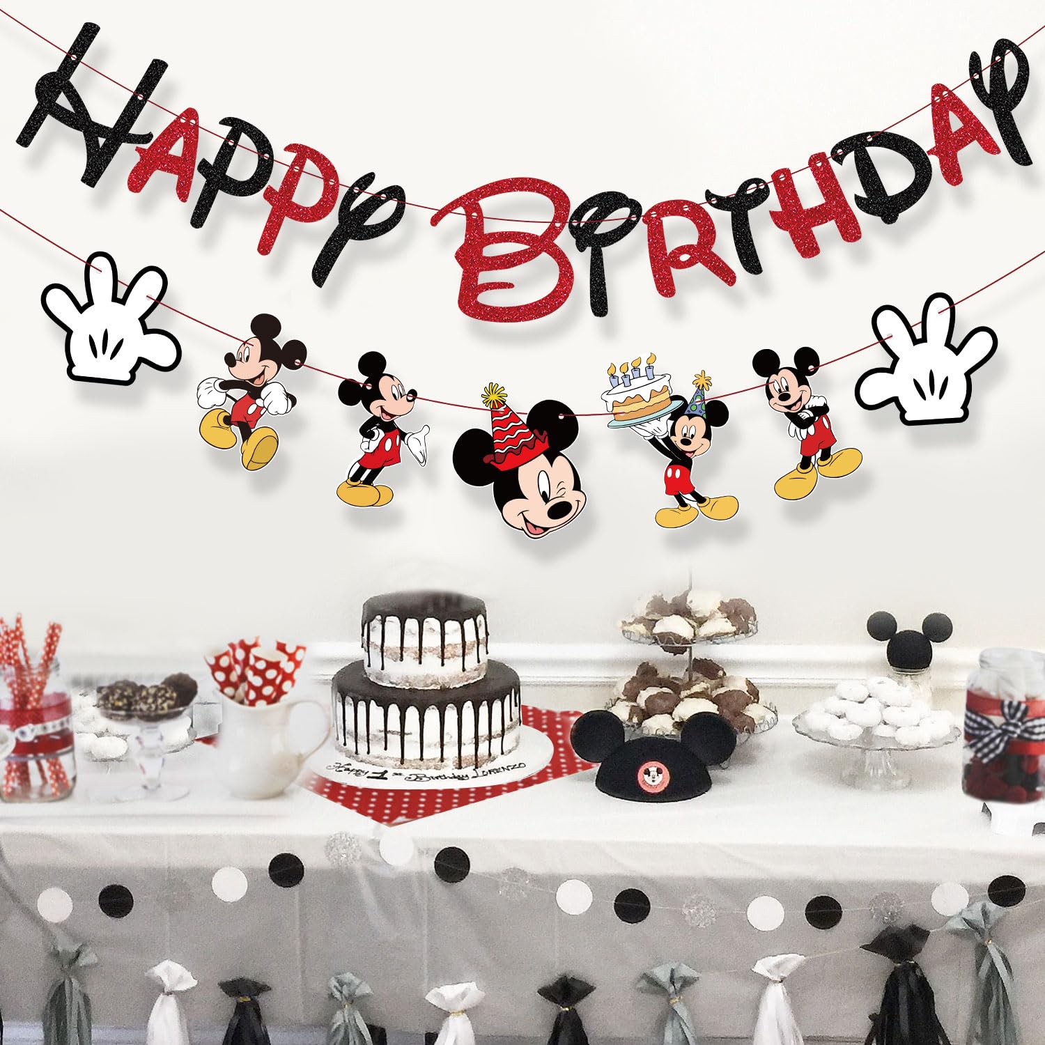 Black and Red Happy Birthday Banner, Mouse Birthday Party Decorations Mouse and Friends Birthday Decorations for Boys 1st 2nd 3rd Birthday Party Baby Shower Decorations