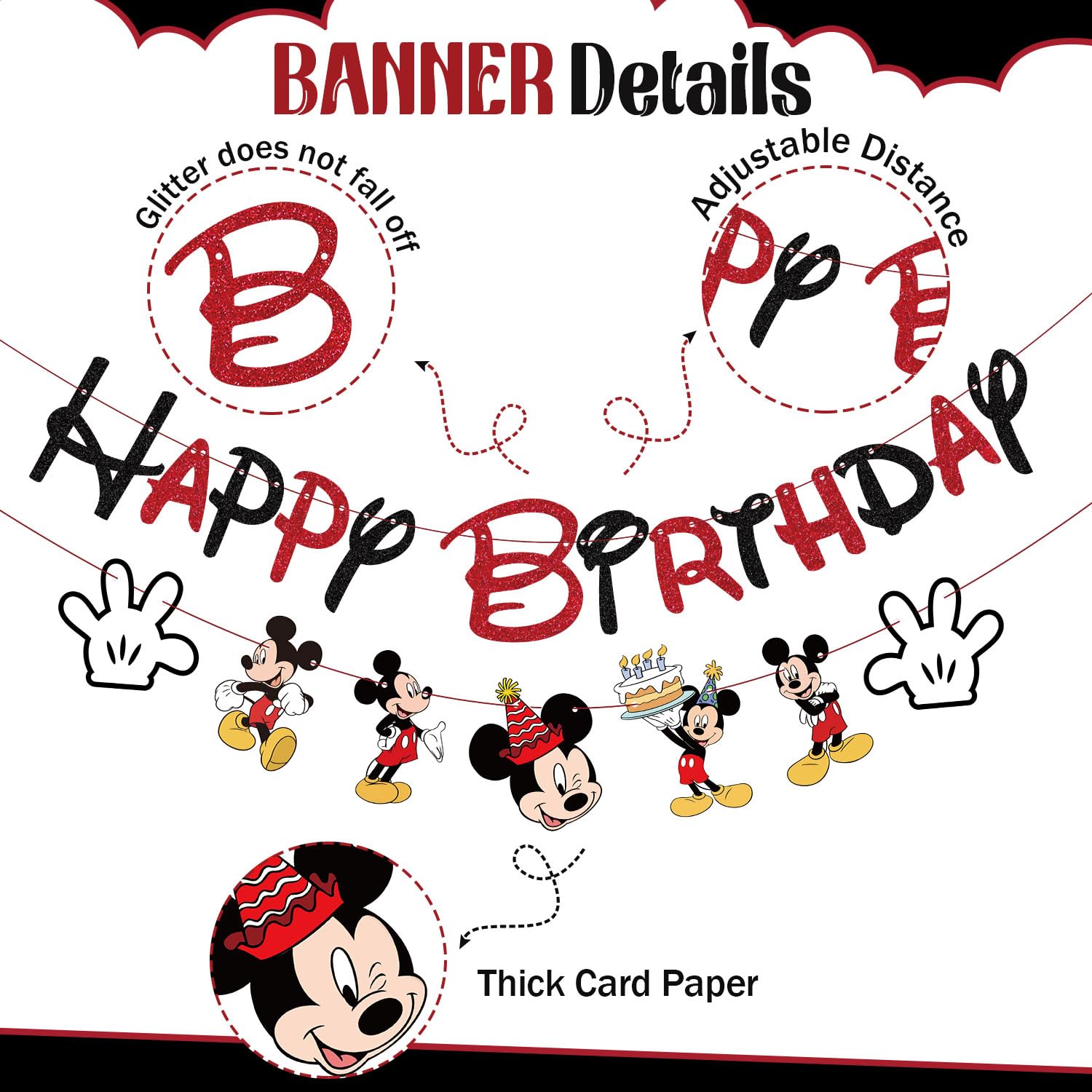 Black and Red Happy Birthday Banner, Mouse Birthday Party Decorations Mouse and Friends Birthday Decorations for Boys 1st 2nd 3rd Birthday Party Baby Shower Decorations