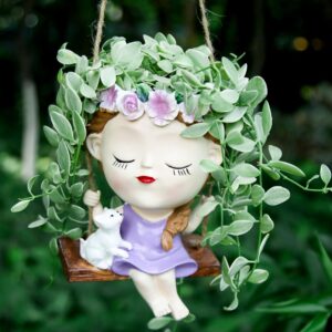 mrsivrop hanging swing face planters pots for indoor outdoor plants, cute wall hanging planters, large unique head flower planter pots for outside with drainage holes, purple