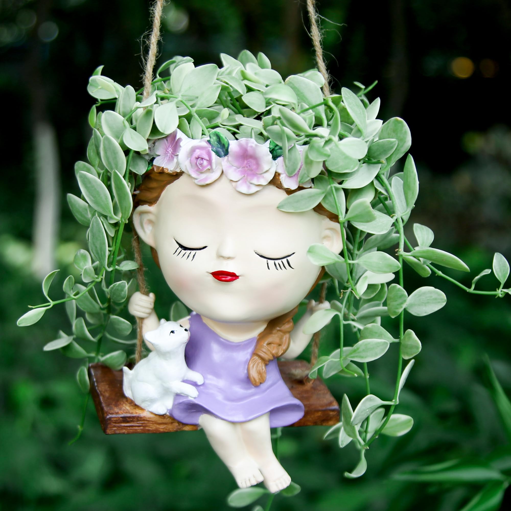 Mrsivrop Hanging Swing Face Planters Pots for Indoor Outdoor Plants, Cute Wall Hanging Planters, Large Unique Head Flower Planter Pots for Outside with Drainage Holes, Purple