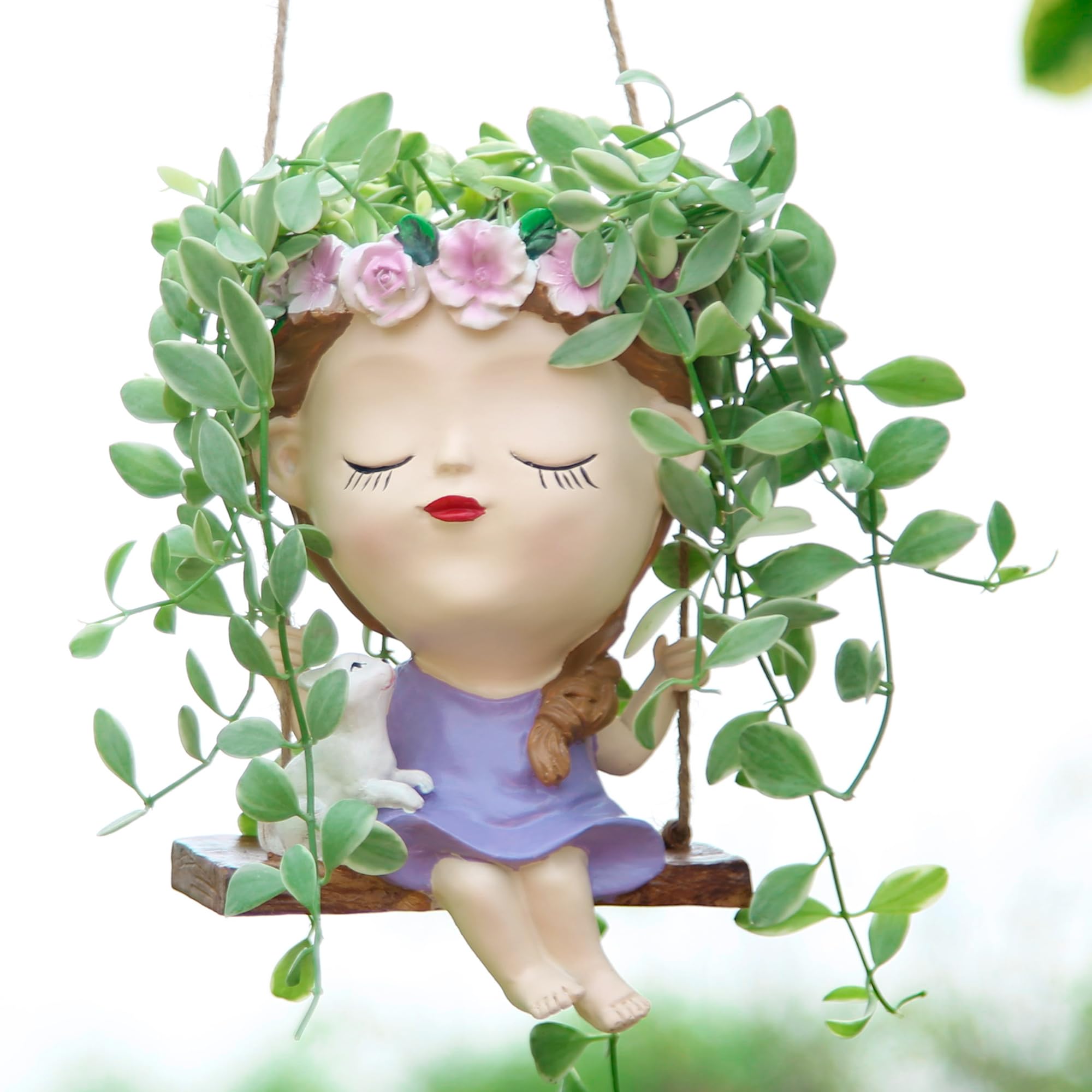 Mrsivrop Hanging Swing Face Planters Pots for Indoor Outdoor Plants, Cute Wall Hanging Planters, Large Unique Head Flower Planter Pots for Outside with Drainage Holes, Purple