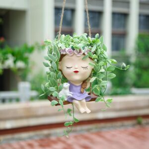 Mrsivrop Hanging Swing Face Planters Pots for Indoor Outdoor Plants, Cute Wall Hanging Planters, Large Unique Head Flower Planter Pots for Outside with Drainage Holes, Purple