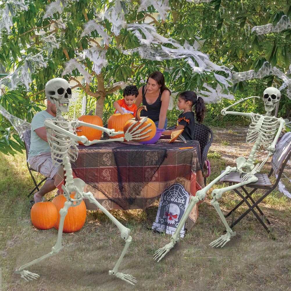 Halloween Skeleton, Full Size Skeleton Skull Decor with Movable Posable Joints for Halloween Front Yard Patio Lawn Garden Props Spooky Party Decoration