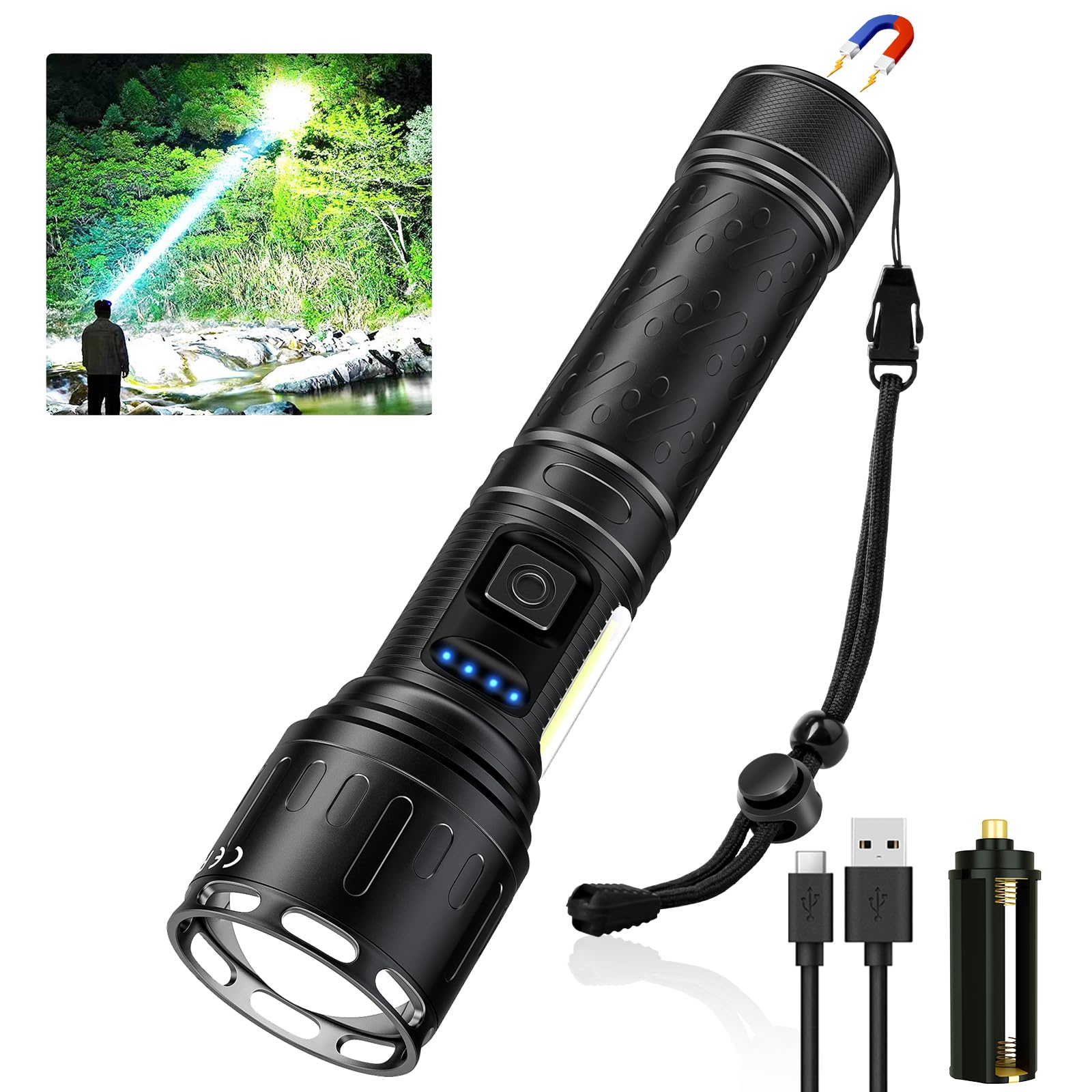 LED Magnetic Flashlights High Lumens Rechargeable, 100000 Lumens Super Bright Powerful Flashlight 8 Modes with COB Work Light, Zoomable, IPX7 Waterproof Small Tactical Flash Light for Camping