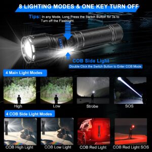 LED Magnetic Flashlights High Lumens Rechargeable, 100000 Lumens Super Bright Powerful Flashlight 8 Modes with COB Work Light, Zoomable, IPX7 Waterproof Small Tactical Flash Light for Camping