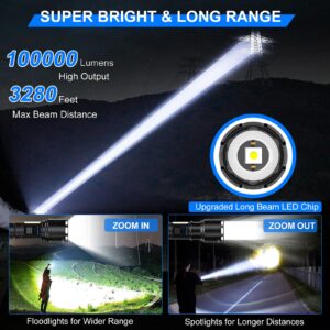 LED Magnetic Flashlights High Lumens Rechargeable, 100000 Lumens Super Bright Powerful Flashlight 8 Modes with COB Work Light, Zoomable, IPX7 Waterproof Small Tactical Flash Light for Camping