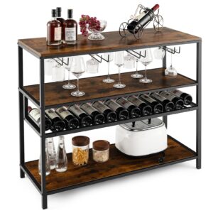 giantex industrial 4-tier wine rack table, 13-bottle wooden wine bar cabinet with wine rack, 20 glasses holder, wine storage rack with metal frame, wine rack freestanding floor, rustic brown