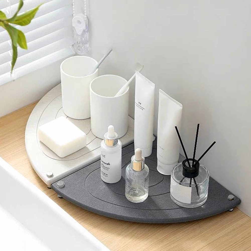 AMERSIS Instant Drying Stone Sink Tray for Bathroom Counter Corner, Diatomaceous Earth Water Absorbing Sink Caddy Stone Plate, Modern Sponge Holder Drying Mat for Kitchen Sink Corner (White)