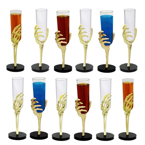 4E's Novelty Skeleton Hand Flutes 12 Pack - Premium Clear Plastic Halloween Champagne Cocktail Goblets (2.7oz) Halloween Cups Wine Shot Glasses Set for Party Supplies Decoration