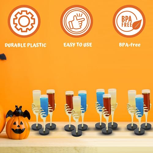 4E's Novelty Skeleton Hand Flutes 12 Pack - Premium Clear Plastic Halloween Champagne Cocktail Goblets (2.7oz) Halloween Cups Wine Shot Glasses Set for Party Supplies Decoration