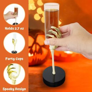 4E's Novelty Skeleton Hand Flutes 12 Pack - Premium Clear Plastic Halloween Champagne Cocktail Goblets (2.7oz) Halloween Cups Wine Shot Glasses Set for Party Supplies Decoration