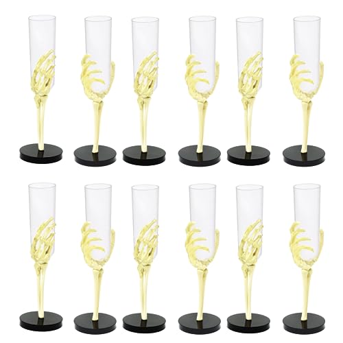 4E's Novelty Skeleton Hand Flutes 12 Pack - Premium Clear Plastic Halloween Champagne Cocktail Goblets (2.7oz) Halloween Cups Wine Shot Glasses Set for Party Supplies Decoration