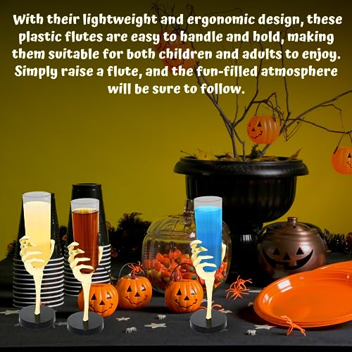 4E's Novelty Skeleton Hand Flutes 12 Pack - Premium Clear Plastic Halloween Champagne Cocktail Goblets (2.7oz) Halloween Cups Wine Shot Glasses Set for Party Supplies Decoration