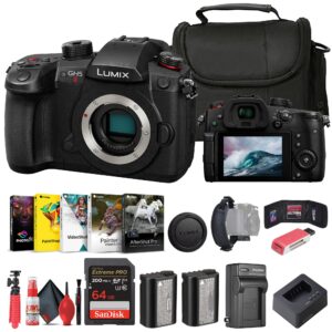 panasonic lumix gh5 ii mirrorless camera (dc-gh5m2body) + corel photo software + bag + 64gb card + charger + card reader + dmw-blf19 battery + flex tripod + cleaning kit + memory wallet + hand strap