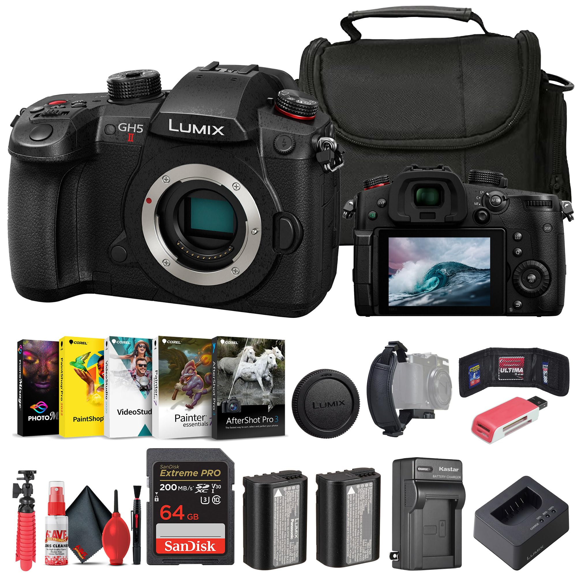 Panasonic Lumix GH5 II Mirrorless Camera (DC-GH5M2BODY) + Corel Photo Software + Bag + 64GB Card + Charger + Card Reader + DMW-BLF19 Battery + Flex Tripod + Cleaning Kit + Memory Wallet + Hand Strap