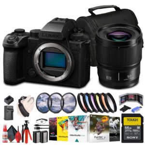 panasonic lumix s5 iix mirrorless camera (dc-s5m2xbody) + panasonic lumix s 50mm lens + 64gb memory card + filter kit + color filter kit + corel photo software + dmw-blk22 battery + bag + more