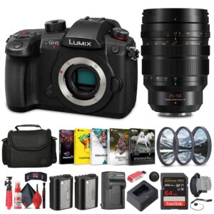 panasonic lumix gh5 ii mirrorless camera (dc-gh5m2body) + panasonic 25-50mm f/1.7 lens + filter kit + corel photo software + bag + 64gb card + charger + card reader + dmw-blf19 battery + more