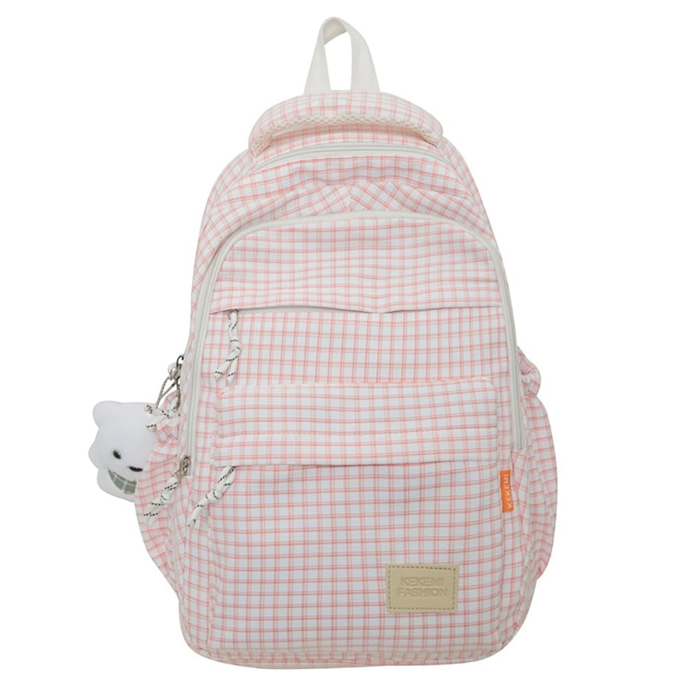 MOVEIF Striped Canvas Backpack with Cute Accessories Lightweight Shoulder Bag Casual Travel Daypack (Pink)