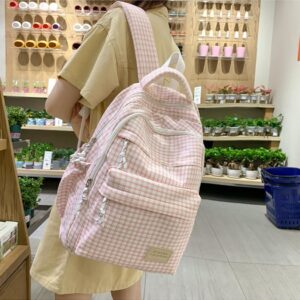 MOVEIF Striped Canvas Backpack with Cute Accessories Lightweight Shoulder Bag Casual Travel Daypack (Pink)