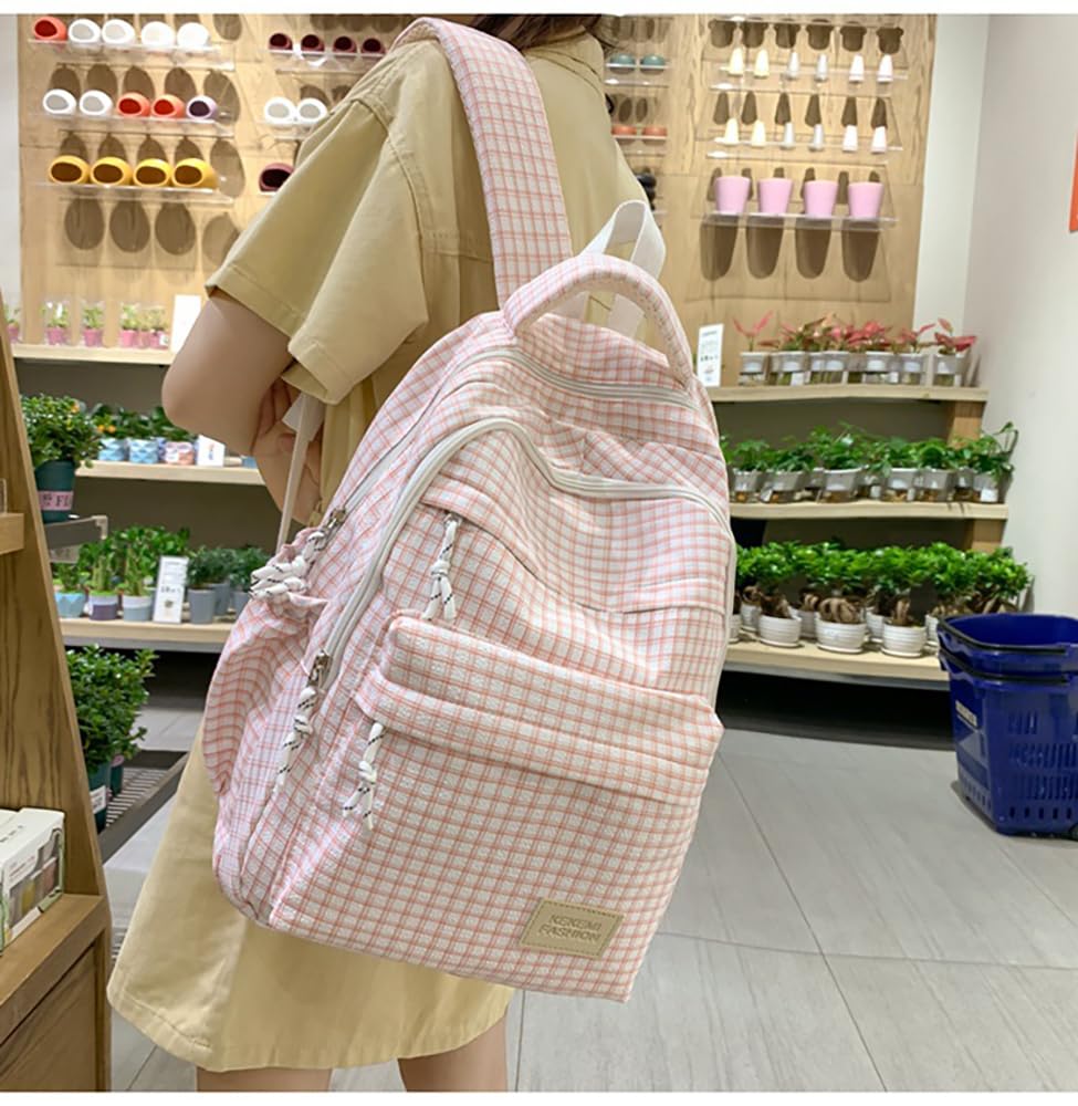 MOVEIF Striped Canvas Backpack with Cute Accessories Lightweight Shoulder Bag Casual Travel Daypack (Pink)