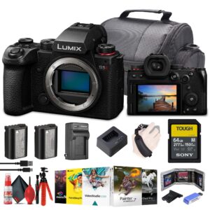 panasonic lumix s5 ii mirrorless camera (dc-s5m2body) + 64gb memory card + corel photo software + dmw-blk22 battery + charger + card reader + case + flex tripod + cleaning kit + more