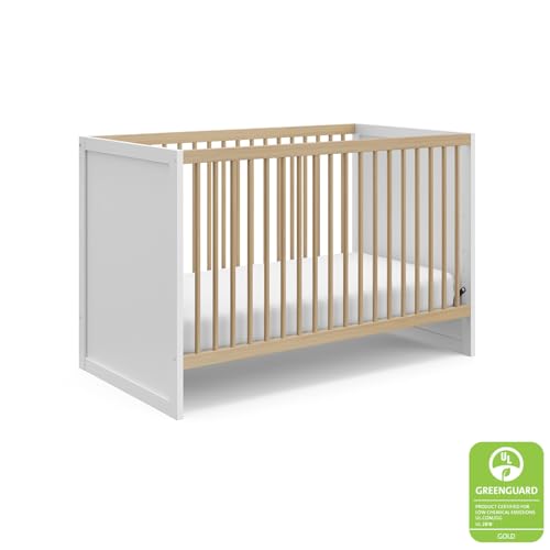 Storkcraft Calabasas 3-in-1 Convertible Crib (White with Driftwood) – GREENGUARD Gold Certified, Fits Standard Crib Mattress, Converts to Toddler Bed, Modern Style, Easy 30-Minute Assembly