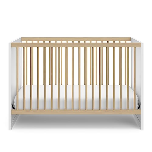 Storkcraft Calabasas 3-in-1 Convertible Crib (White with Driftwood) – GREENGUARD Gold Certified, Fits Standard Crib Mattress, Converts to Toddler Bed, Modern Style, Easy 30-Minute Assembly