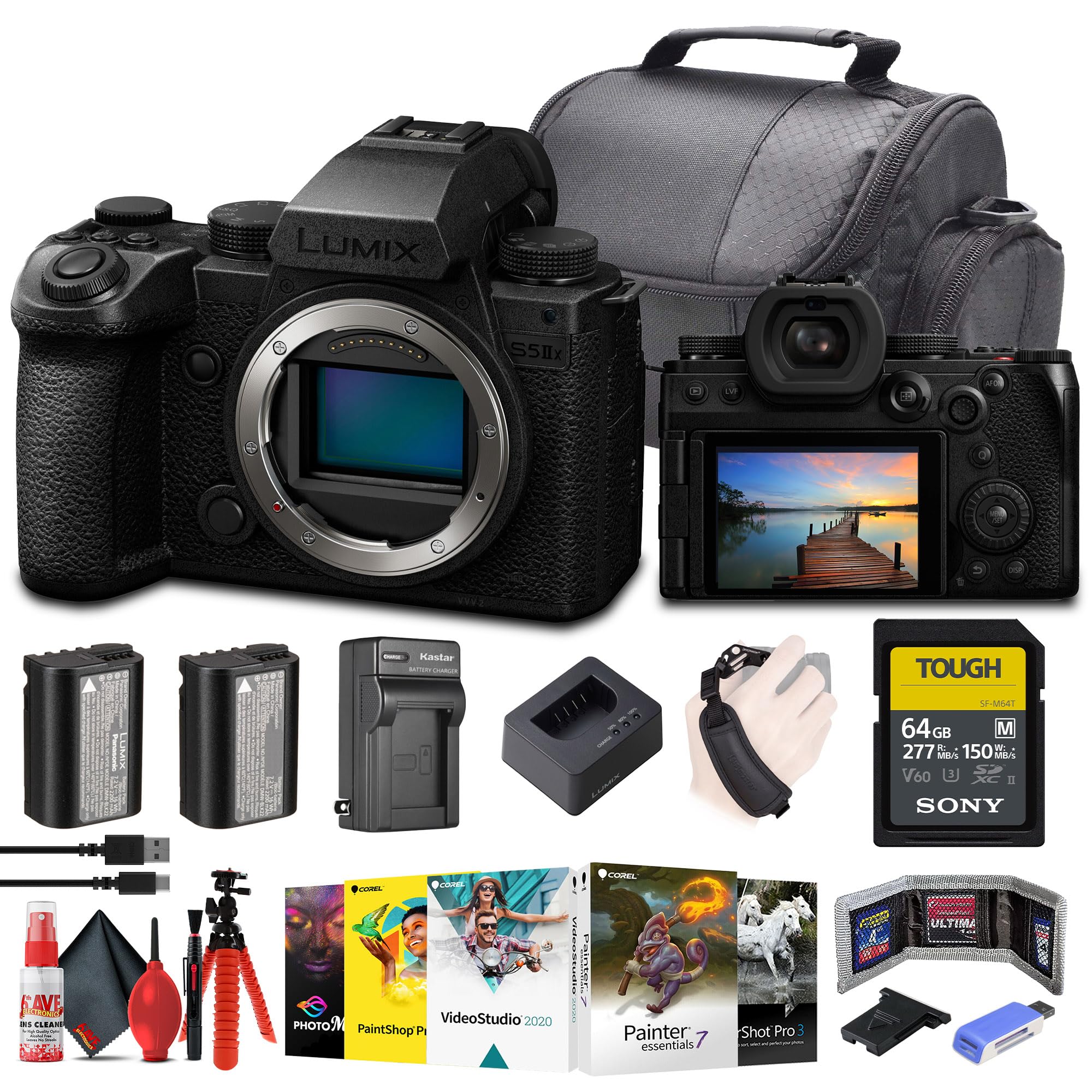 Panasonic Lumix S5 IIX Mirrorless Camera (DC-S5M2XBODY) + 64GB Memory Card + Corel Photo Software + DMW-BLK22 Battery + Charger + Card Reader + Case + Flex Tripod + Cleaning Kit + More