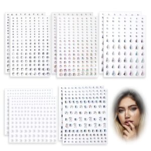 10 sheets face eye body gems rhinestones stick on, 1370pcs self adhesive 3/4/5/6 mm diy face gems stick on, 5 styles with moon star pearls crystal rhinestone tattoos for women, girls