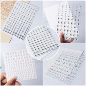 10 Sheets Face Eye Body Gems Rhinestones Stick on, 1370Pcs Self Adhesive 3/4/5/6 mm DIY Face Gems Stick on, 5 Styles with Moon Star Pearls Crystal Rhinestone Tattoos for Women, Girls