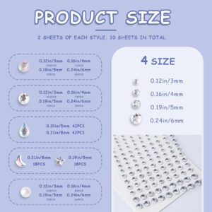 10 Sheets Face Eye Body Gems Rhinestones Stick on, 1370Pcs Self Adhesive 3/4/5/6 mm DIY Face Gems Stick on, 5 Styles with Moon Star Pearls Crystal Rhinestone Tattoos for Women, Girls