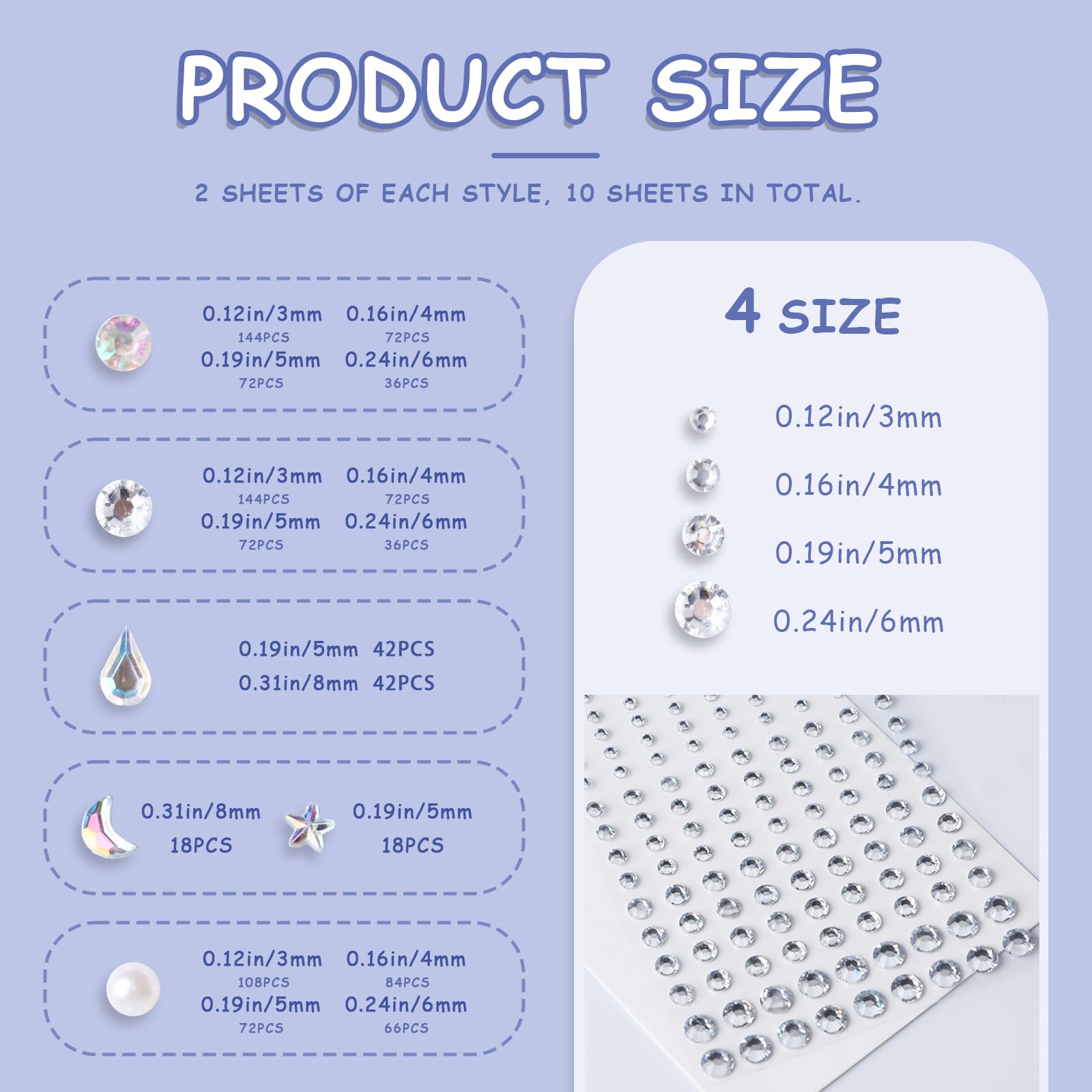 10 Sheets Face Eye Body Gems Rhinestones Stick on, 1370Pcs Self Adhesive 3/4/5/6 mm DIY Face Gems Stick on, 5 Styles with Moon Star Pearls Crystal Rhinestone Tattoos for Women, Girls